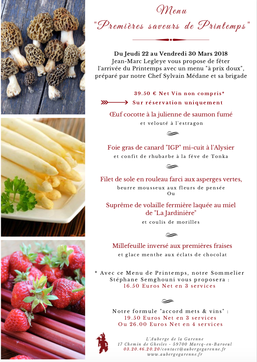 "Menu "Premières saveurs de Printemps"" du restaurant L'Auberge de la ...